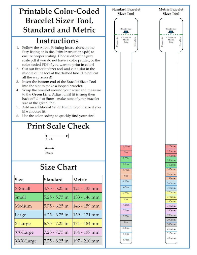 Printable Bracelet Sizer Tool: Standard & Metric (PDF Download) - Etsy