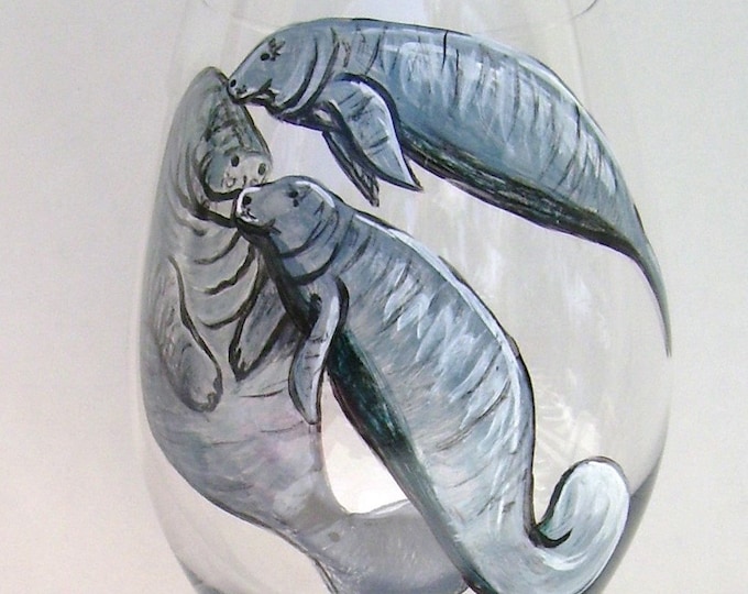 Manatee Wine Glass Tropical Ocean Hand Painted Wine Goblet custom Order ...