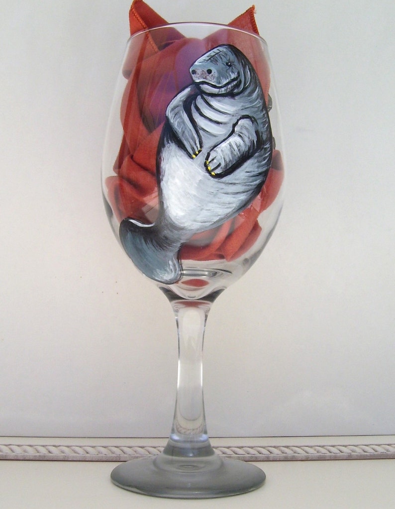 Manatee Wine Glass Tropical Ocean Hand Painted Wine Goblet (custom ...