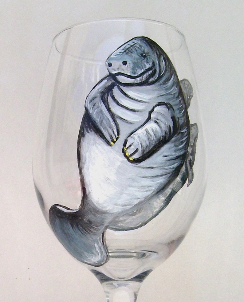 Manatee Wine Glass Tropical Ocean Hand Painted Wine Goblet (custom ...