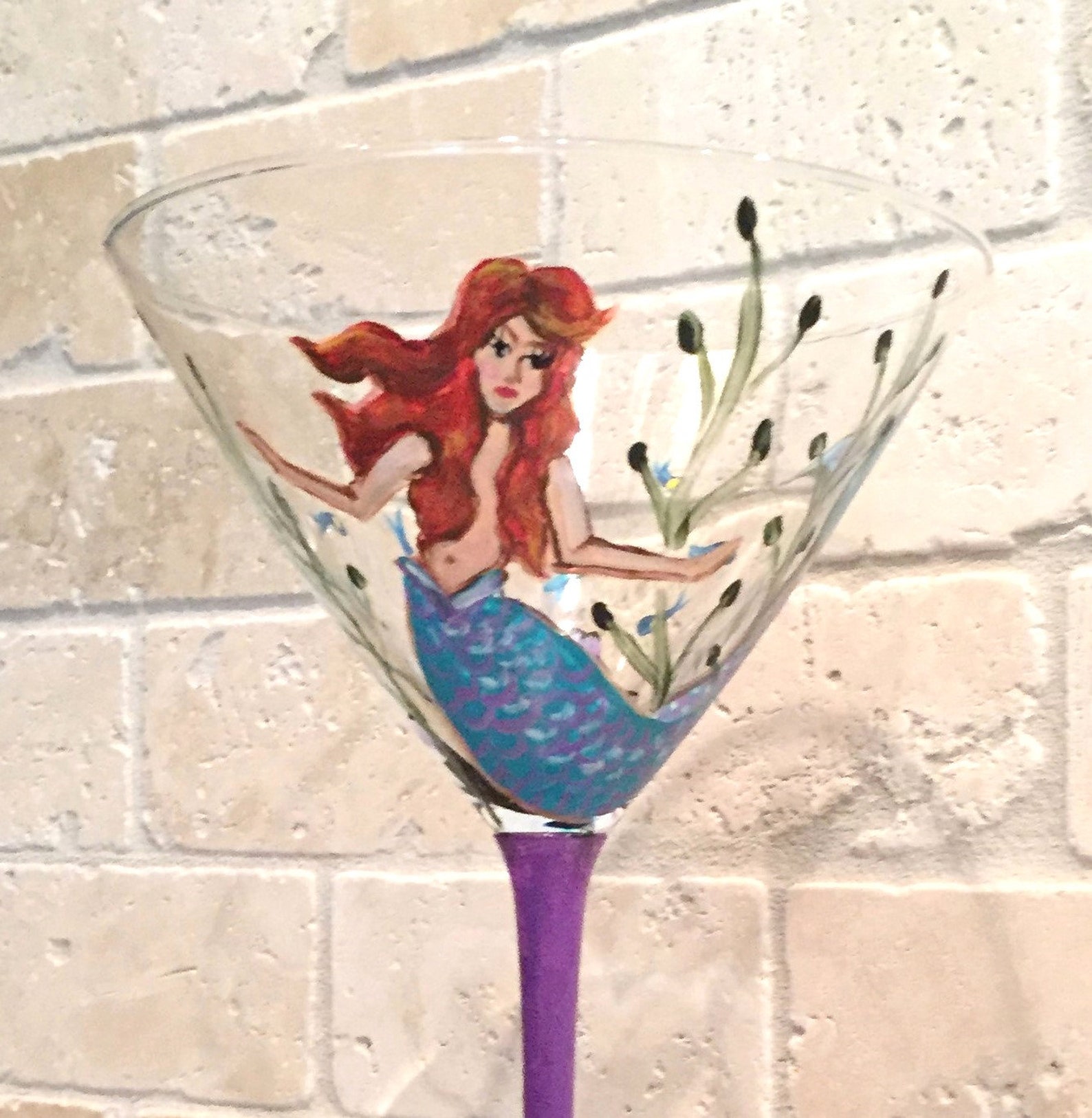 Mermaid Martini Glass Hand Painted Cocktail Wine Glass Candle Holder ...