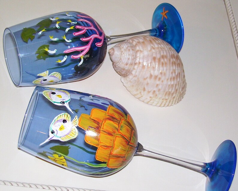Ocean Tropical Fish Wine Glass Hand Painted Reef Under the | Etsy