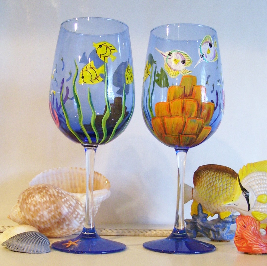 Ocean Tropical Fish Wine Glass Hand Painted Reef Under the Sea Glass ...