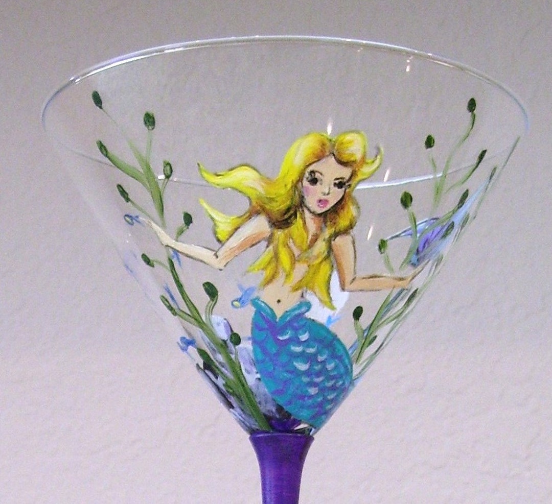 Mermaid Martini Glass Hand Painted Cocktail Wine Glass Candle Holder ...