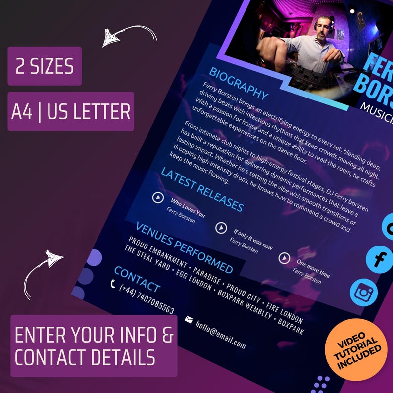 Musician Media Kit Template: 1-page Music EPK, Canva - Etsy