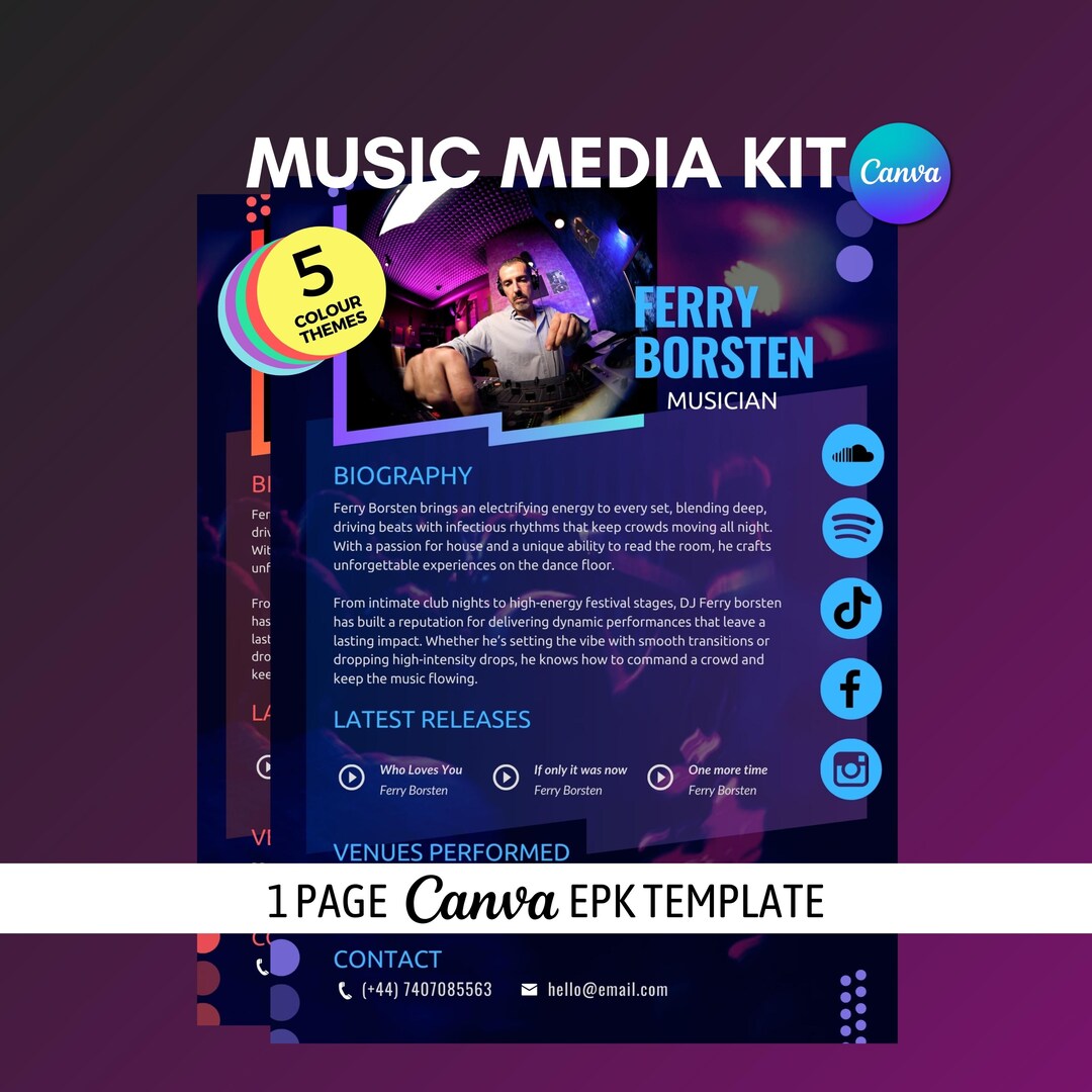 Musician Media Kit Template: 1-page Music EPK, Canva - Etsy