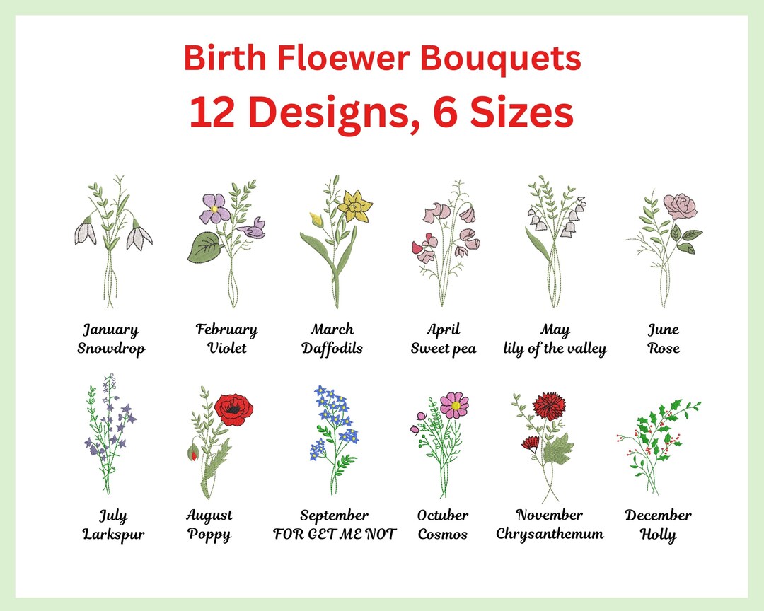 Birth Month Flowers Embroidery - 12 Flowers Machine Embroidered ...