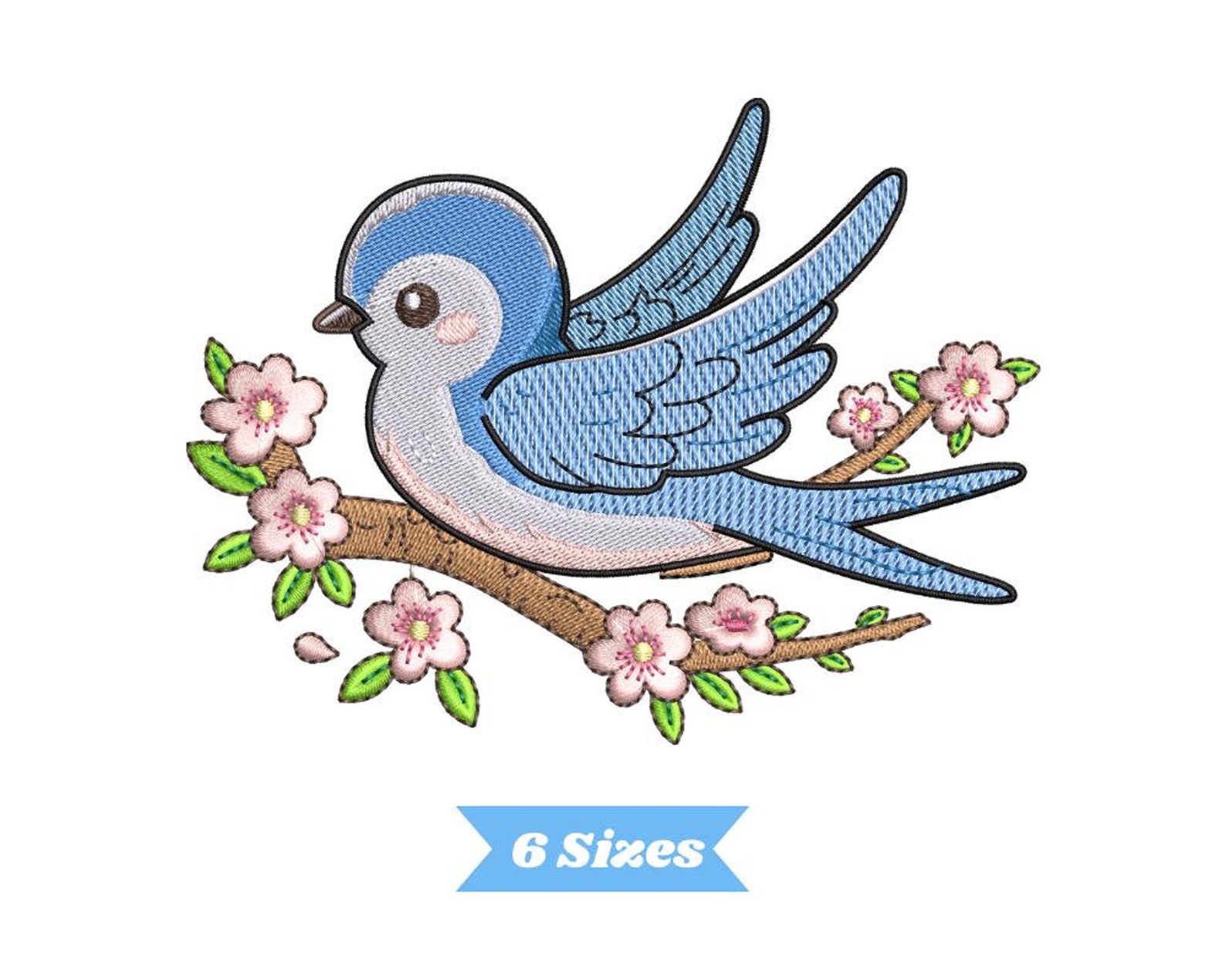 Blue Bird Embroidery Design, Flower Branch Cute Bird Embroidery ...