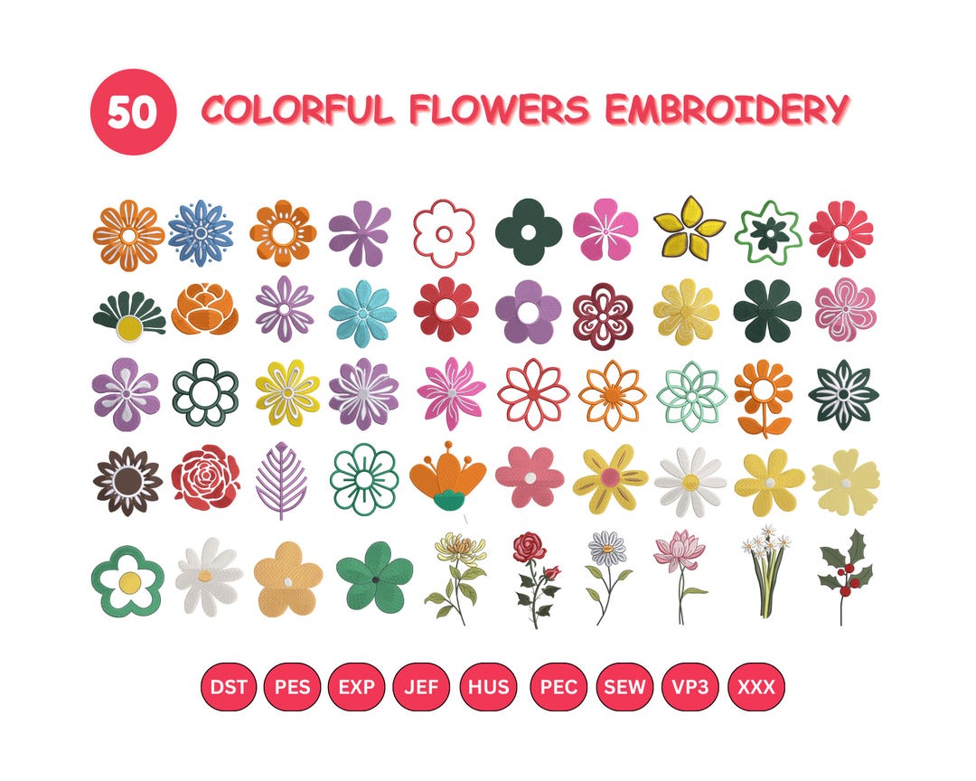 Flowers Embroidery Design, Cute 50 Flowers Bundle, Mini Flowers Machine ...