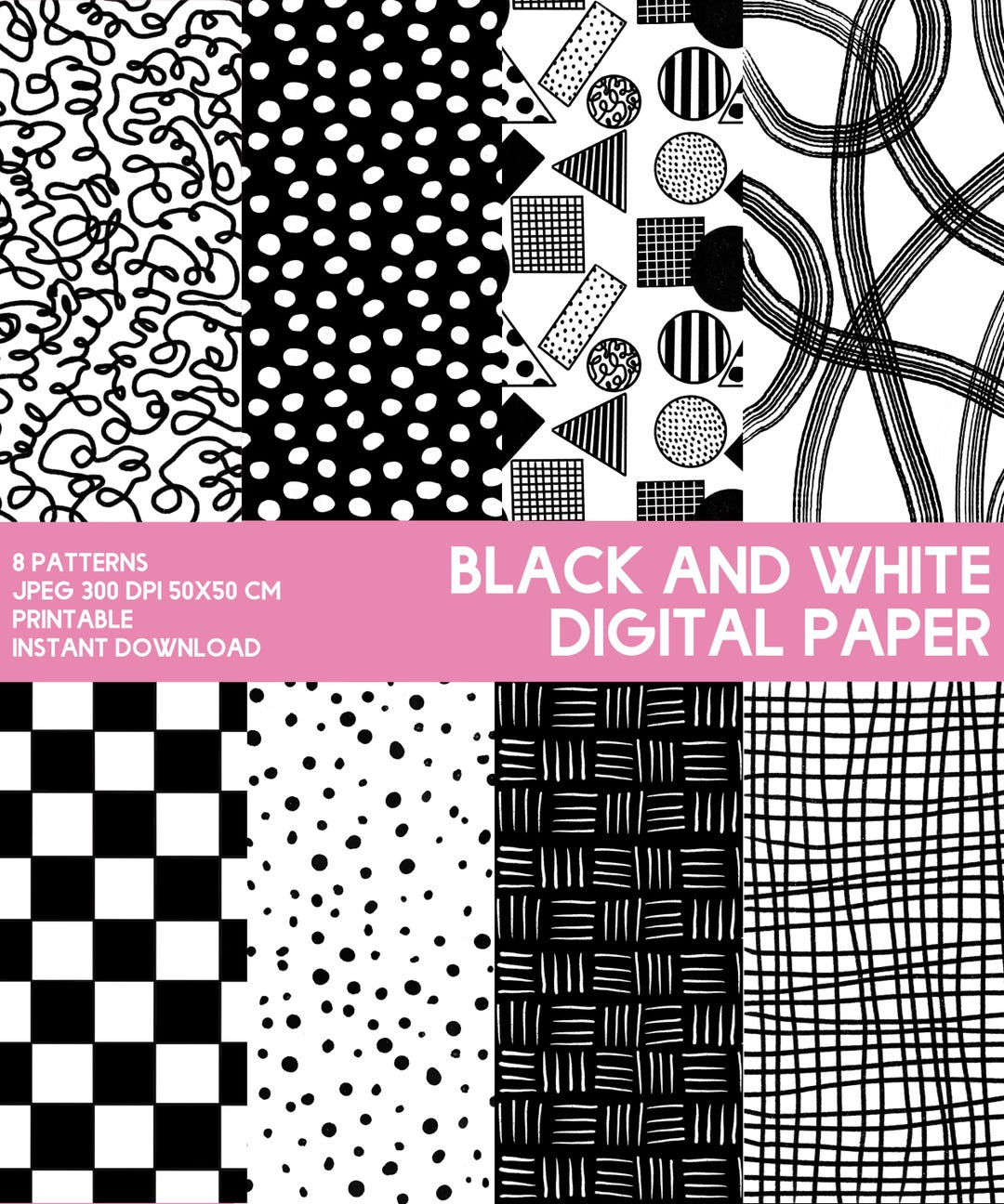 8 Patterns Black and White Digital Craft Paper Printable Instant ...