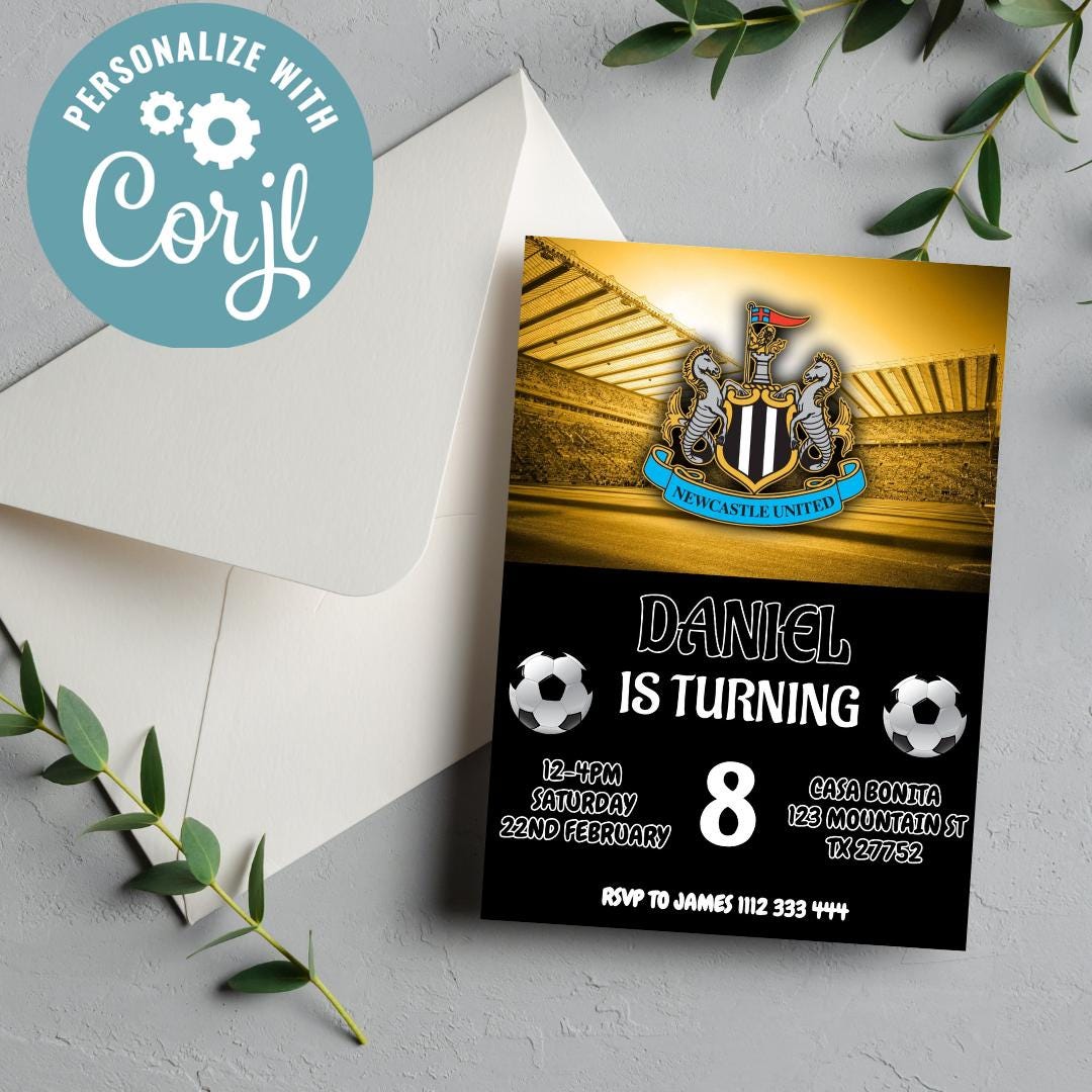 Editable Newcastle United FC Birthday Invitation, Soccer Party Digital ...