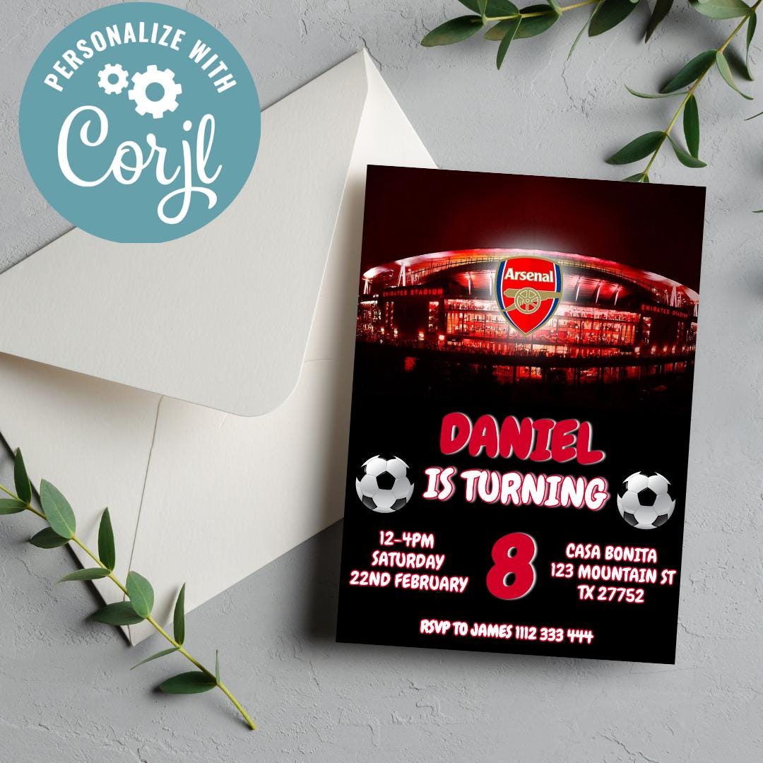 Editable Arsenal FC Birthday Invitation, Soccer Party Digital Invite ...