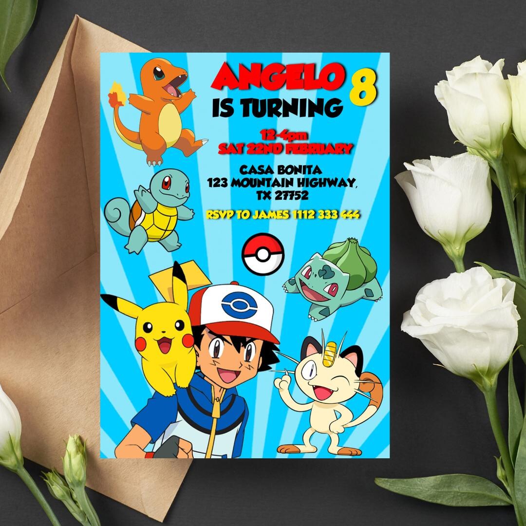 Editable Pokemon Card Invitation, Pokemon Birthday Invitation, Pikachu ...