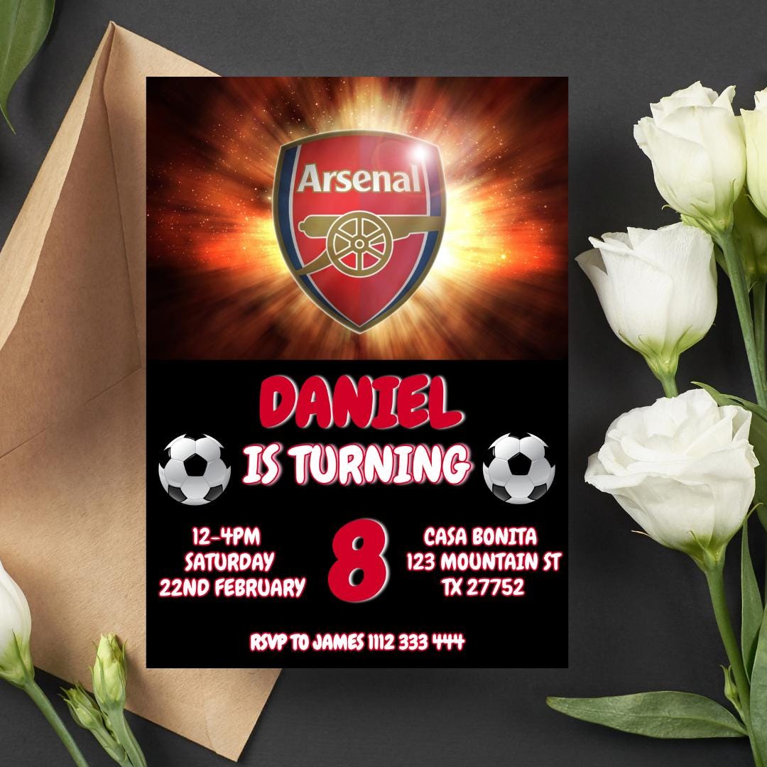 Editable Arsenal FC Birthday Invitation, Soccer Party Digital Invite ...