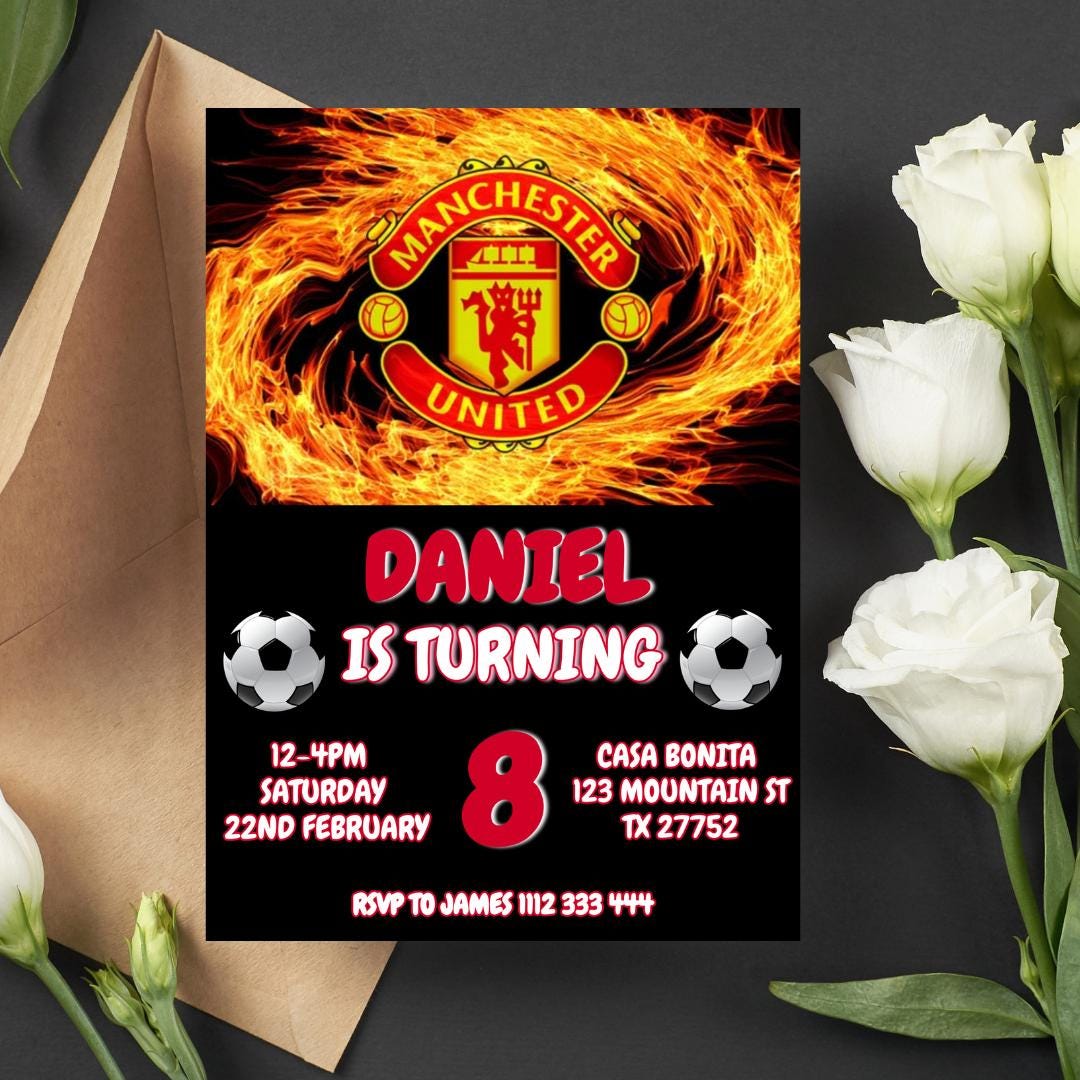 Editable Manchester United Birthday Invitation, Soccer Party Digital ...