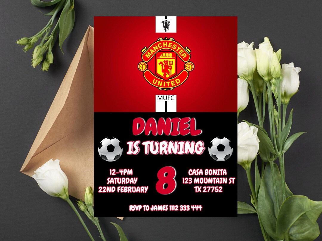 Editable Manchester United Birthday Invitation, Soccer Party Digital ...