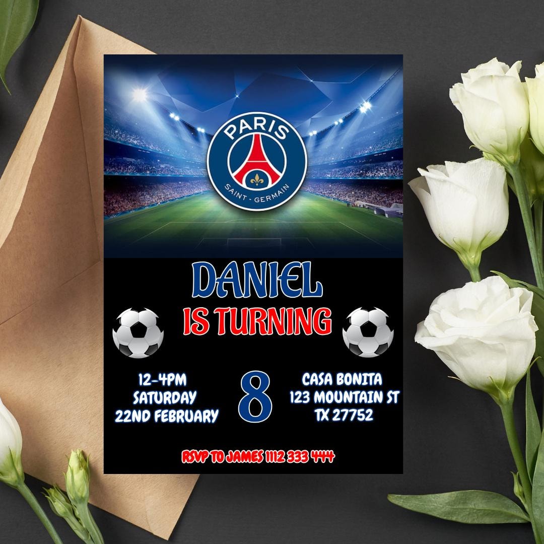 Editable Paris Saint-germain Birthday Invitation, Soccer Party Digital ...
