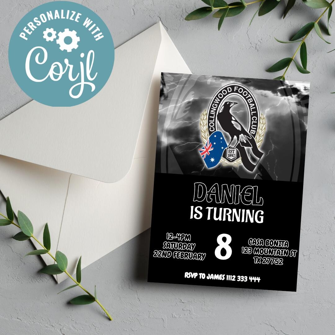 Editable Collingwood Magpies Birthday Invitation, AFL Birthday Party ...