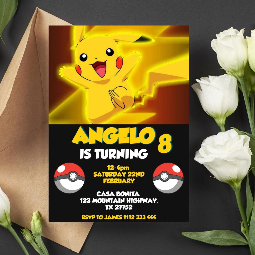 Editable Pokemon Card Invitation, Pokemon Birthday Invitation, Pikachu ...