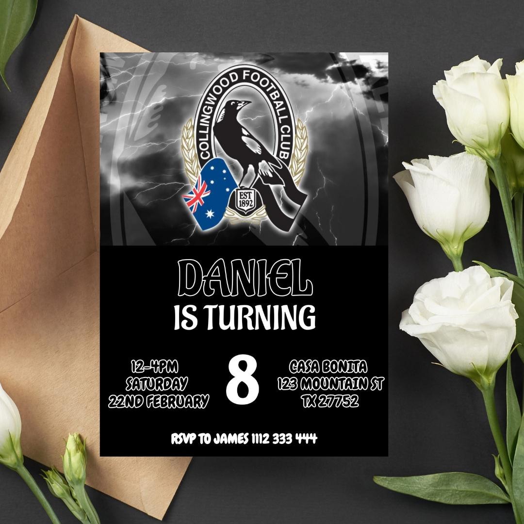 Editable Collingwood Magpies Birthday Invitation, AFL Birthday Party ...