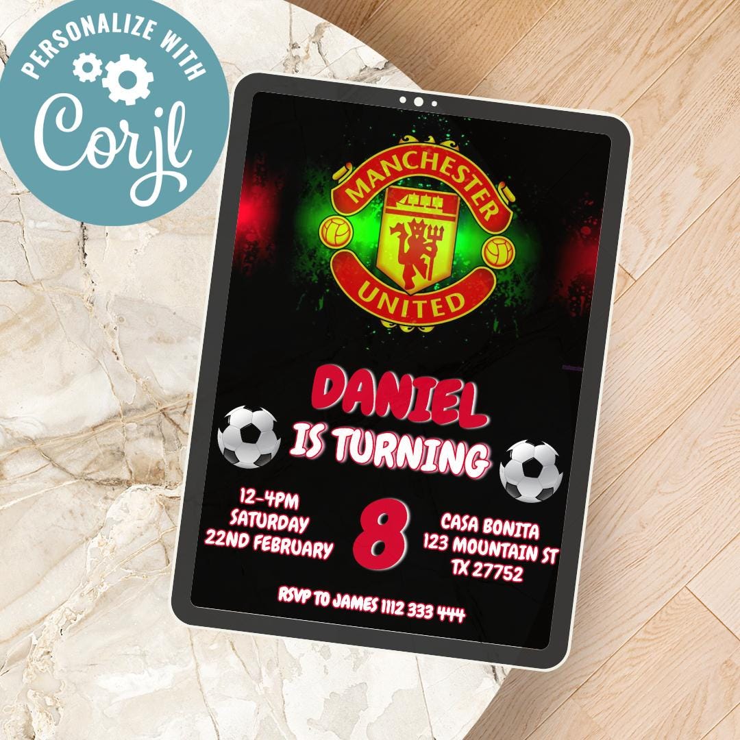 Editable Manchester United Birthday Invitation, Soccer Party Digital ...