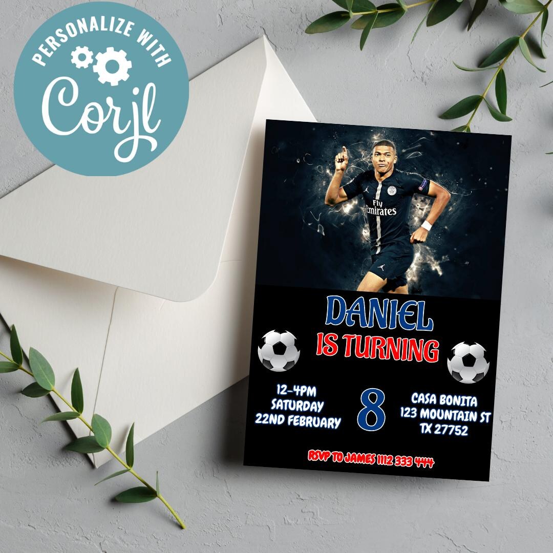 Editable Kylian Mbappé Birthday Invitation, Soccer Party Digital Invite ...