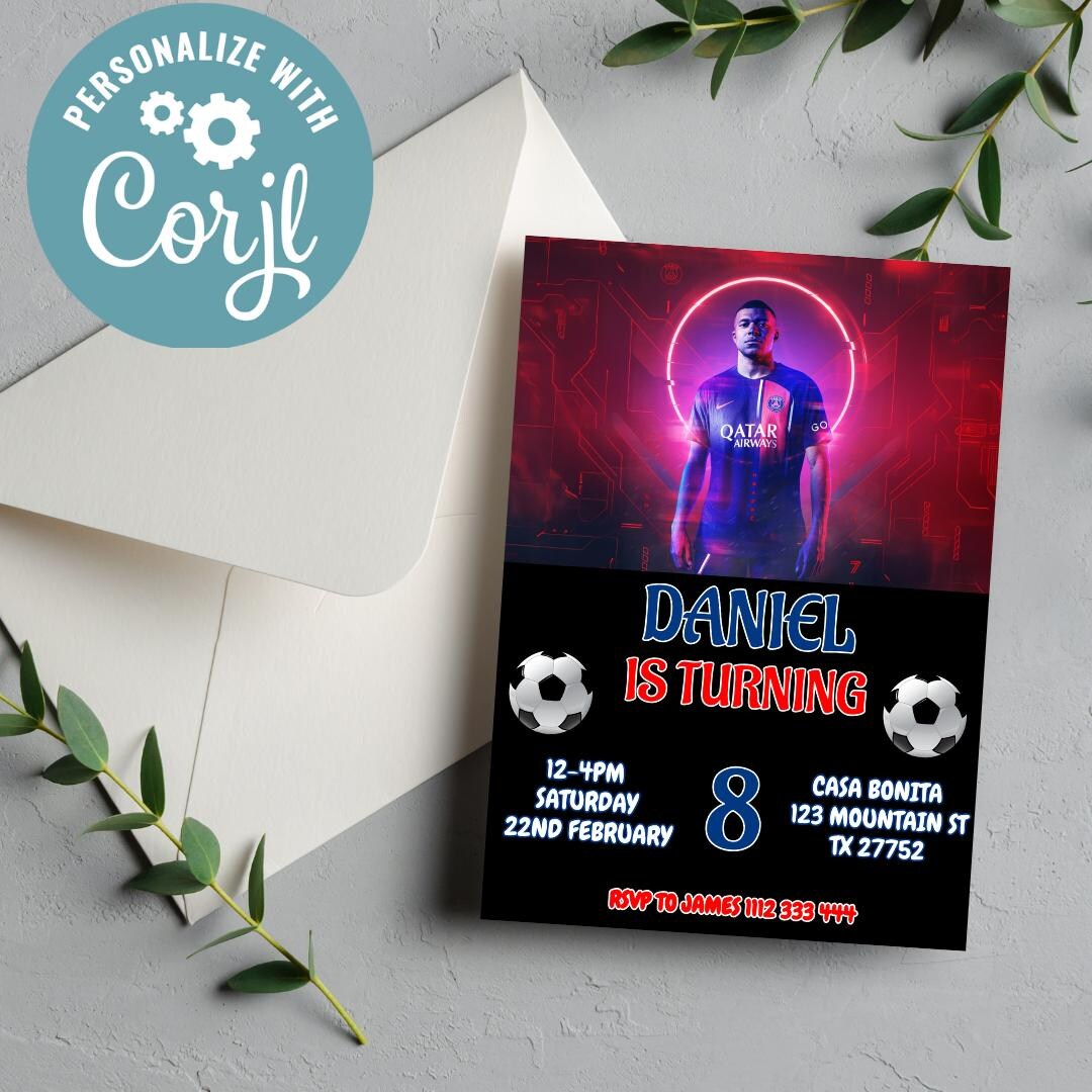 Editable Kylian Mbappé Birthday Invitation, Soccer Party Digital Invite ...