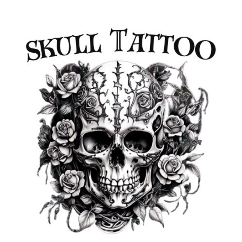Black & White Skull Roses Tattoo Flash Gothic Tattoo Design Digital ...