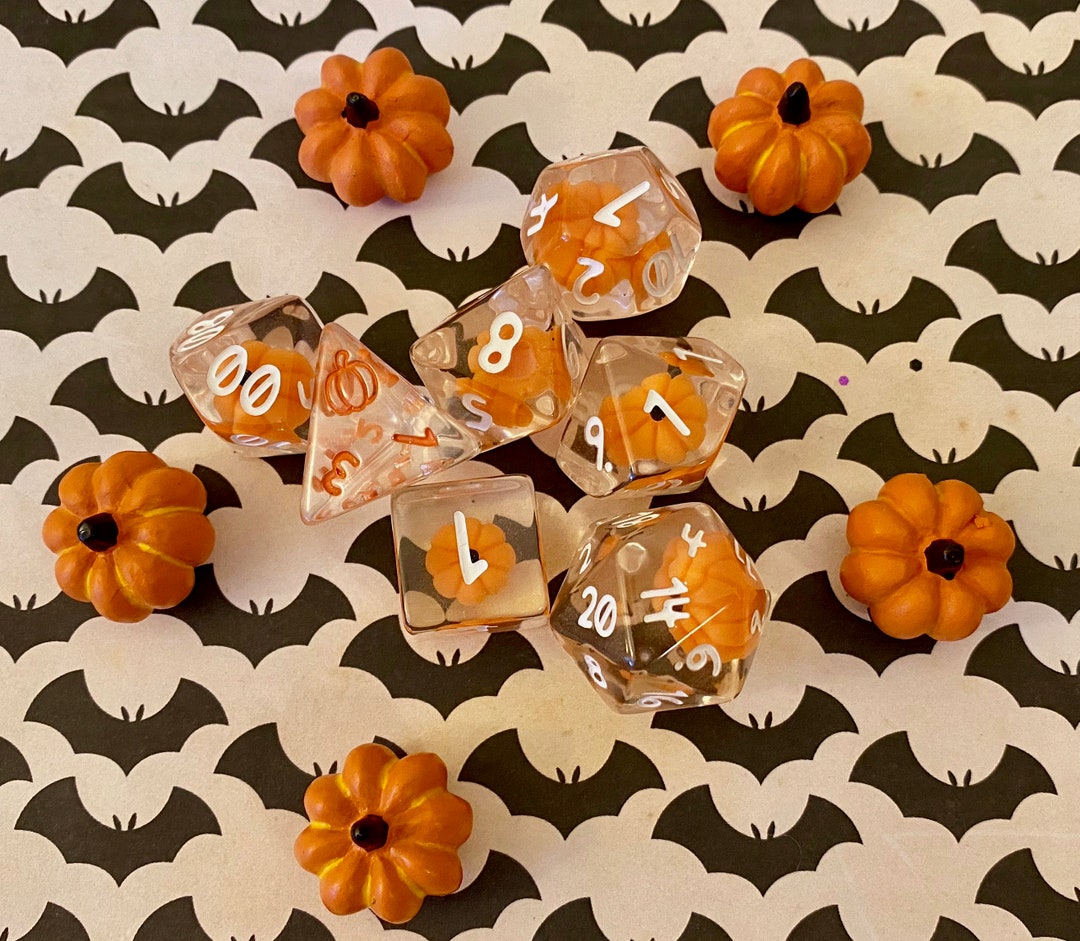 Pumpkin Polyhedrals- 7 Pc Polyhedral Dice Set With Tiny Pumpkins Inside ...