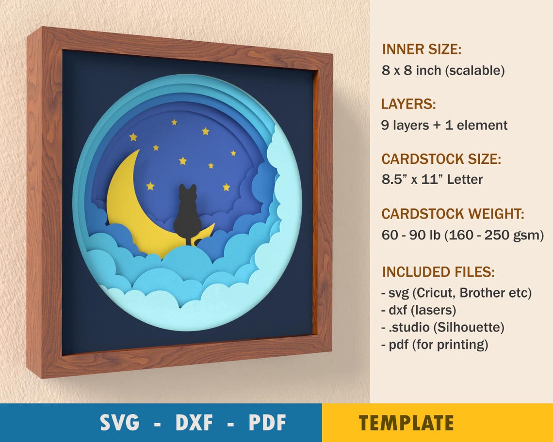 Shadow Box Cat on the Moon SVG Template, Easy Shadowbox, Wall Decor SVG ...