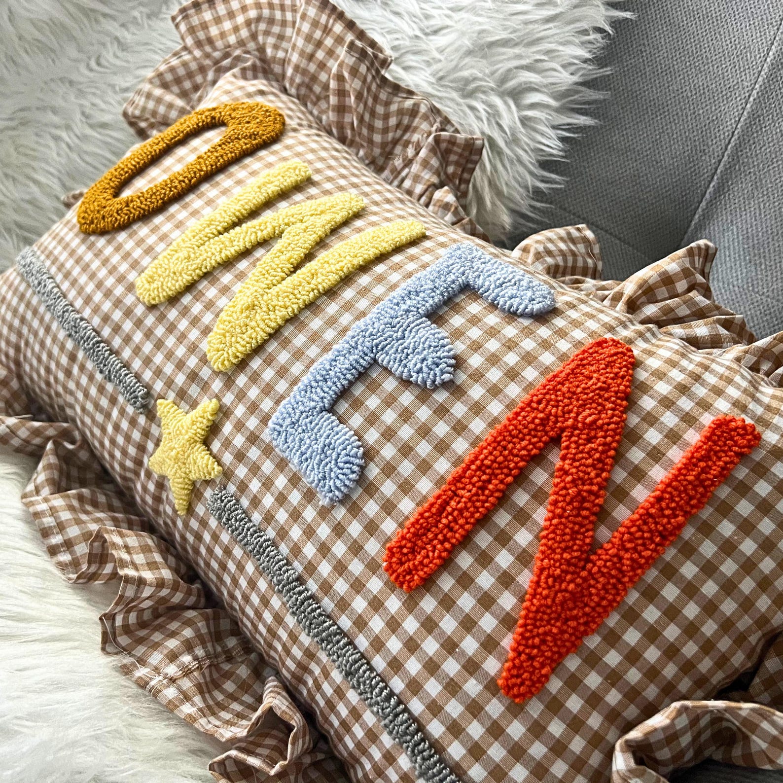 Custom Name Pillow for Boys, Brown Gingham Ruffle Pillow, Baby Name ...