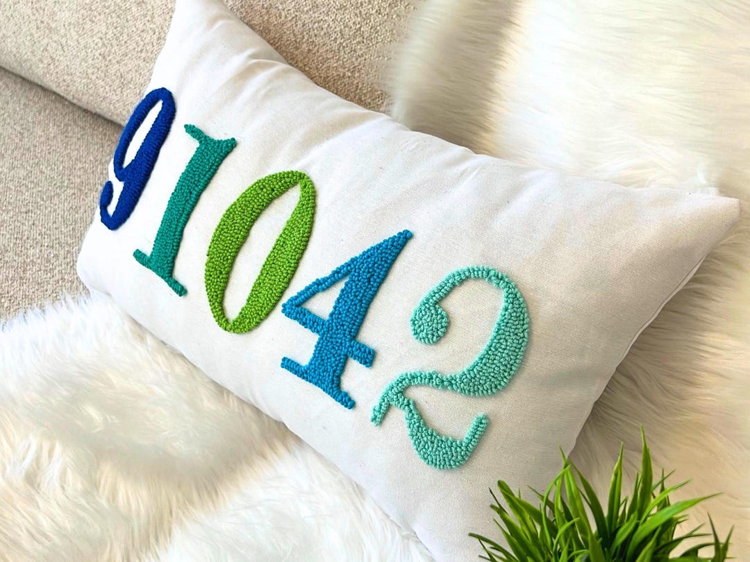 Punch Needle Home Decor Embroidered Zip Code Pillow, Homeowner Gift ...