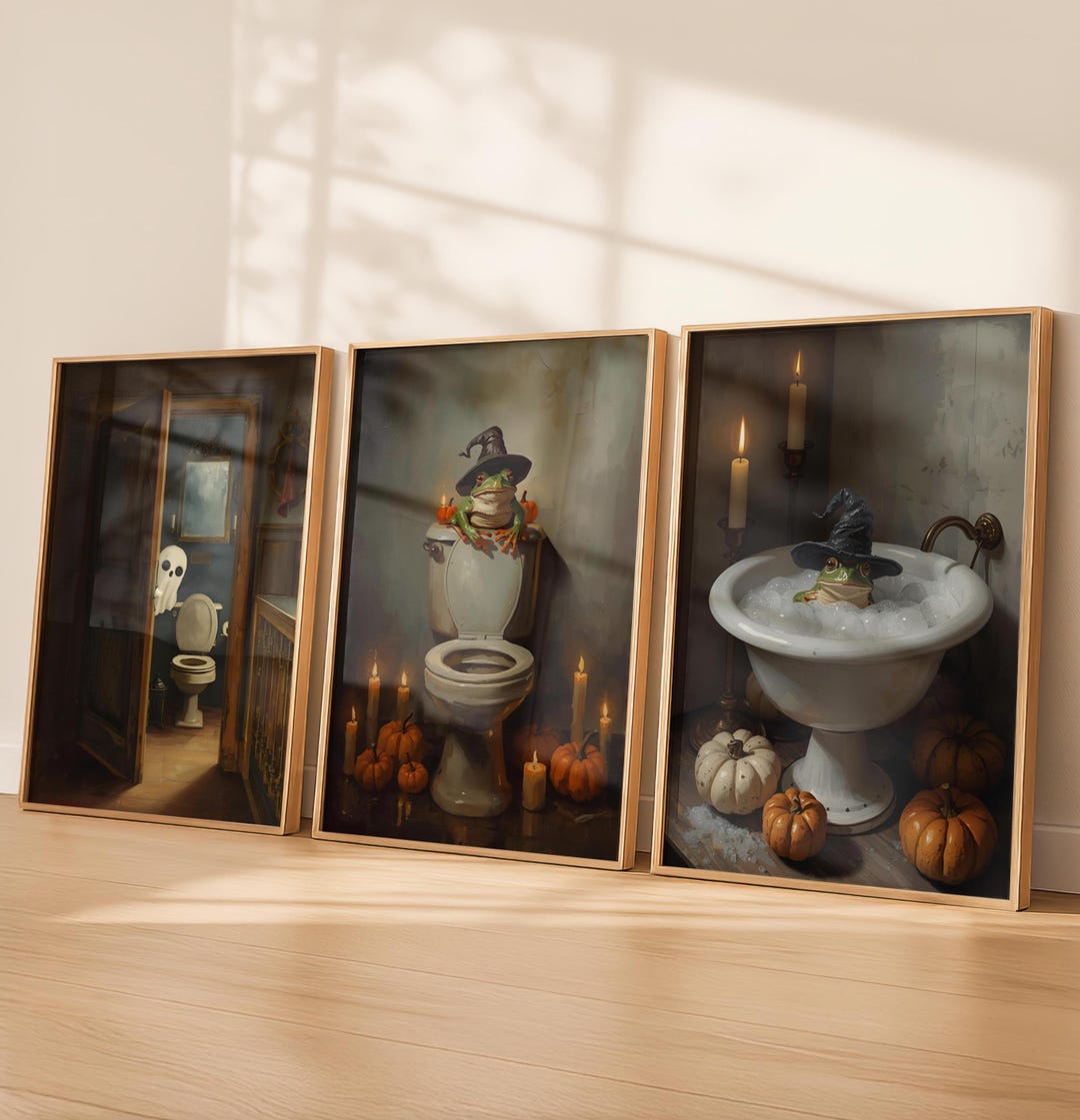 Spooky Halloween Bathroom Print Set Vintage Oil Print Funny Toad Witchy ...