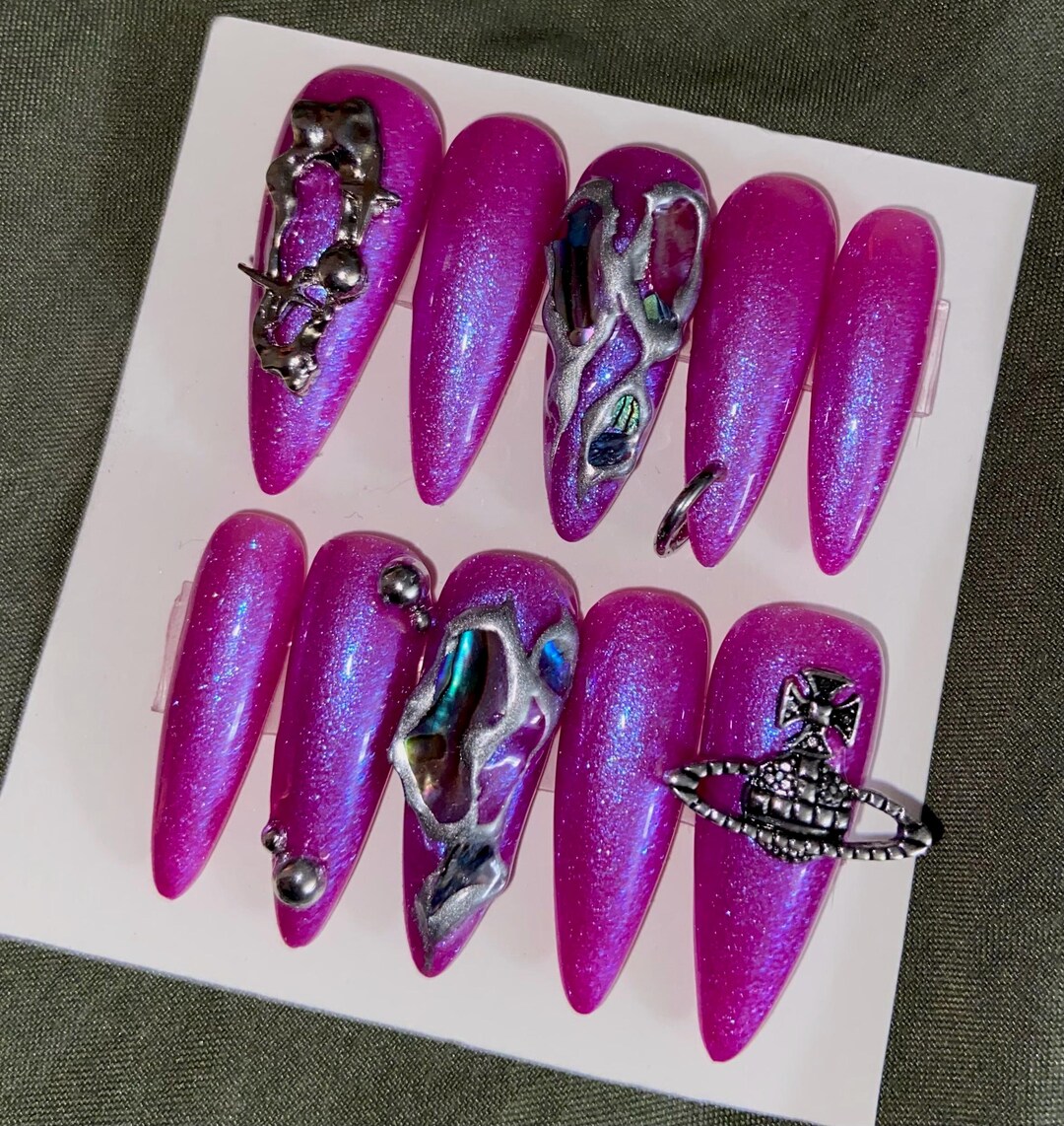Fuchsia/abalone Shell/chrome - Press on Nails - XL Stiletto Shape - Etsy