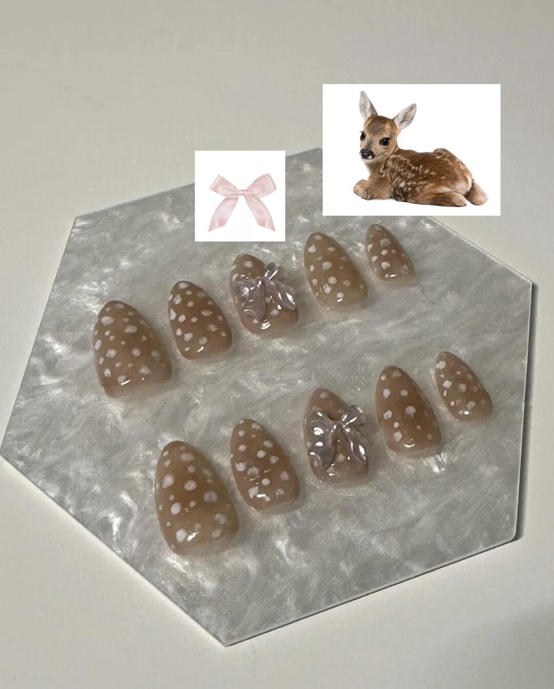 Handmade Fawn Nails Doe Nails Pink Metallic Bow Deer Nails Short Almond ...