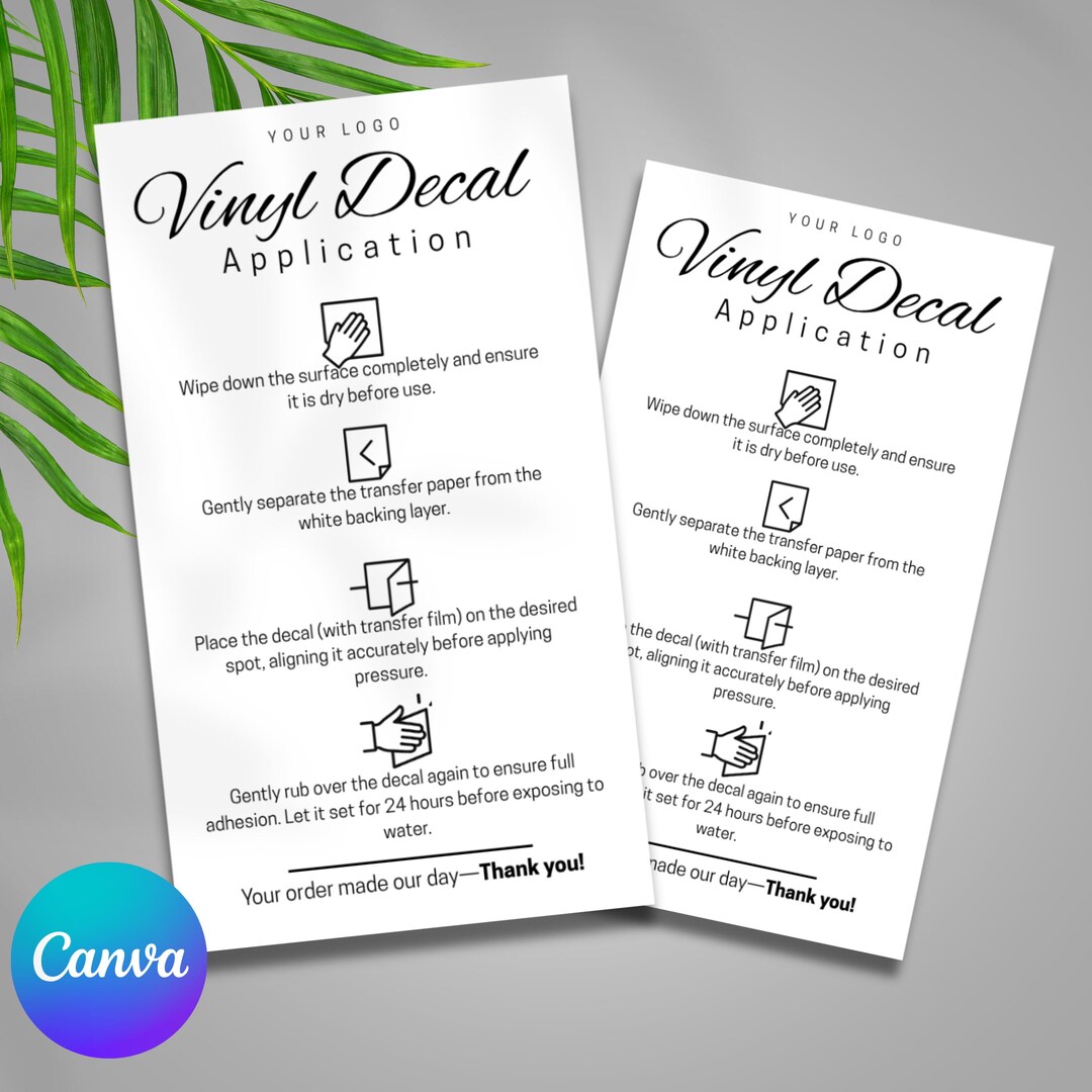 Printable Vinyl Decal Application Card,vinyl Decal Care Card ...