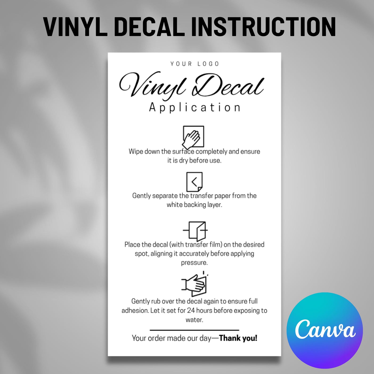 Printable Vinyl Decal Application Card,vinyl Decal Care Card ...