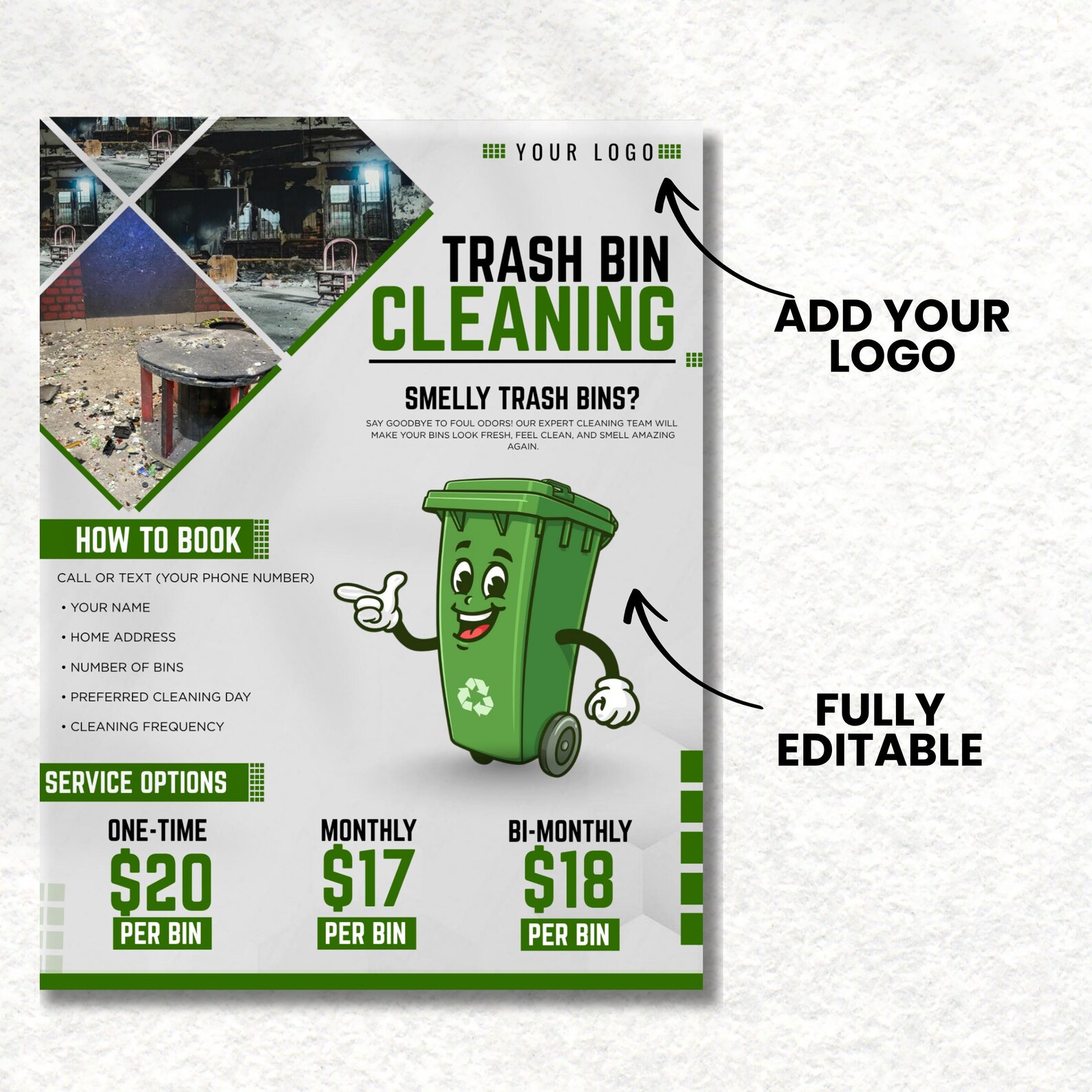 Trash Bin Cleaning Flyer, Garbage Can Wash Marketing Flyer, Dumpster ...