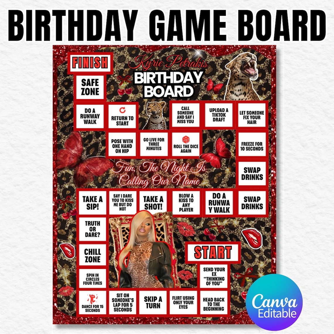 Cheetah Birthday Board Game Editable Party Template Cheetah Print ...
