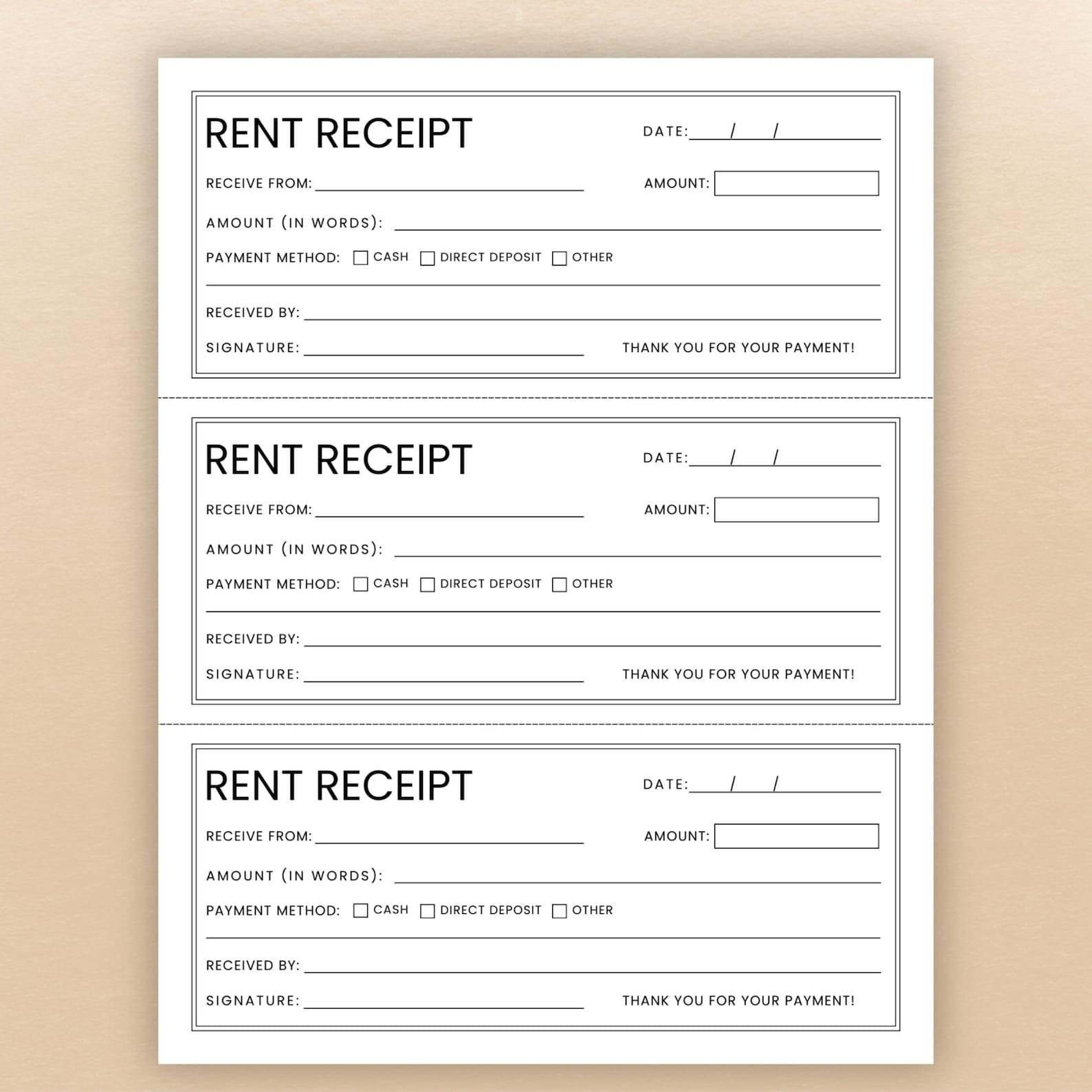 Rent Receipt, Editable Receipt of Rent Payment, Simple Rental Receipt ...