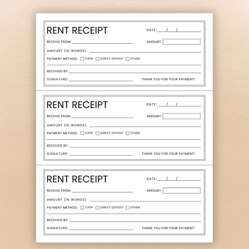 Rent Receipt, Editable Receipt of Rent Payment, Simple Rental Receipt ...
