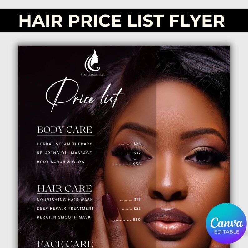Salon Price List Template Editable Canva | Beauty Hair Nail Stylist ...