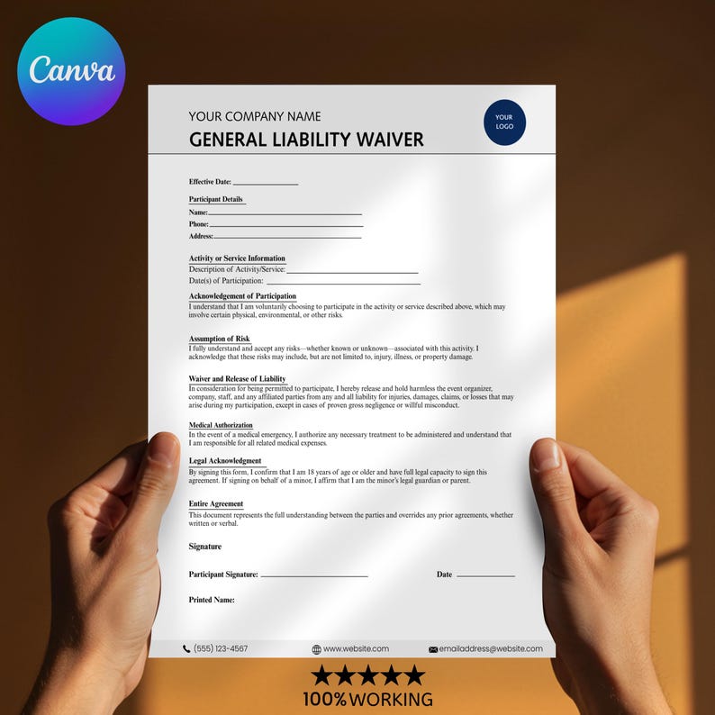 Simple Liability Waiver Agreement for All Purpose, One Page Liability Template, Editable ...