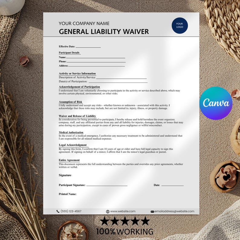 Simple Liability Waiver Agreement for All Purpose, One Page Liability ...