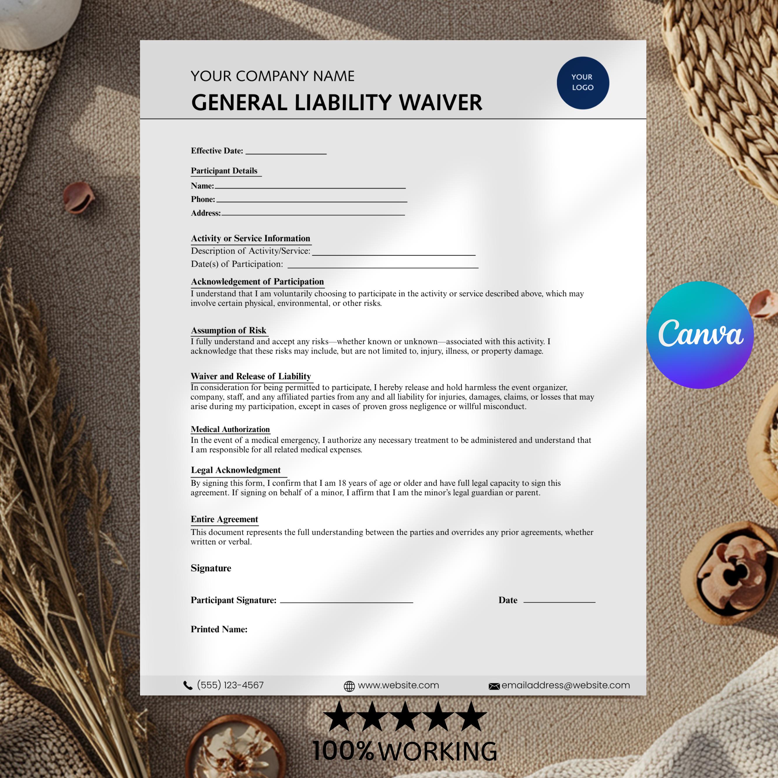 Simple Liability Waiver Agreement for All Purpose, One Page Liability ...