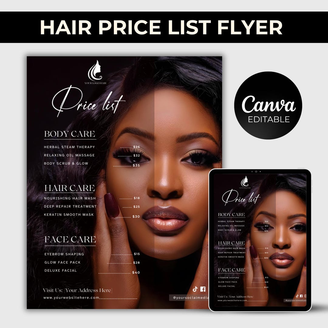 Salon Price List Template Editable Canva | Beauty Hair Nail Stylist ...
