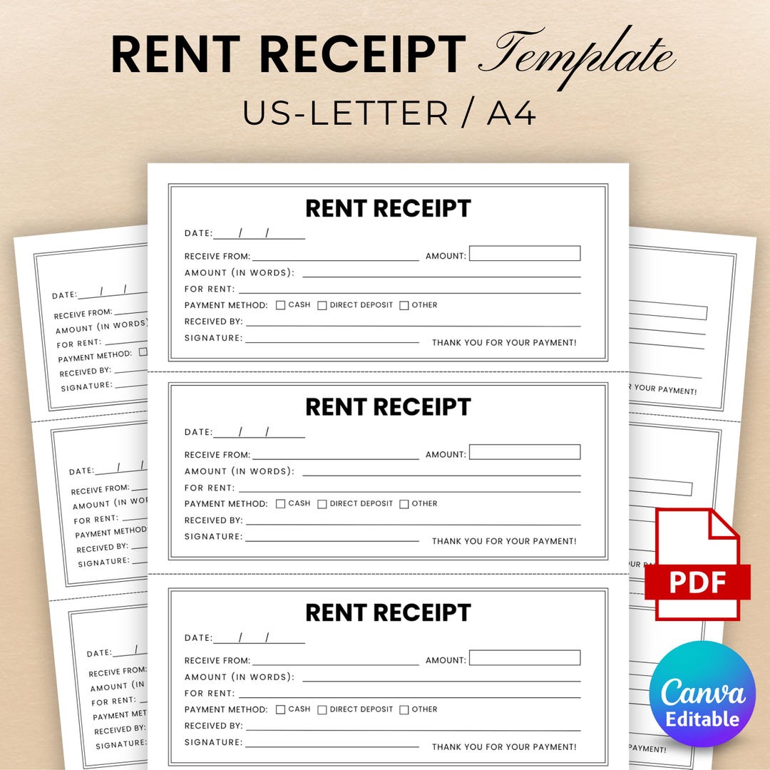 Editable Rent Receipt Template, Printable Simple Rent Receipt ...