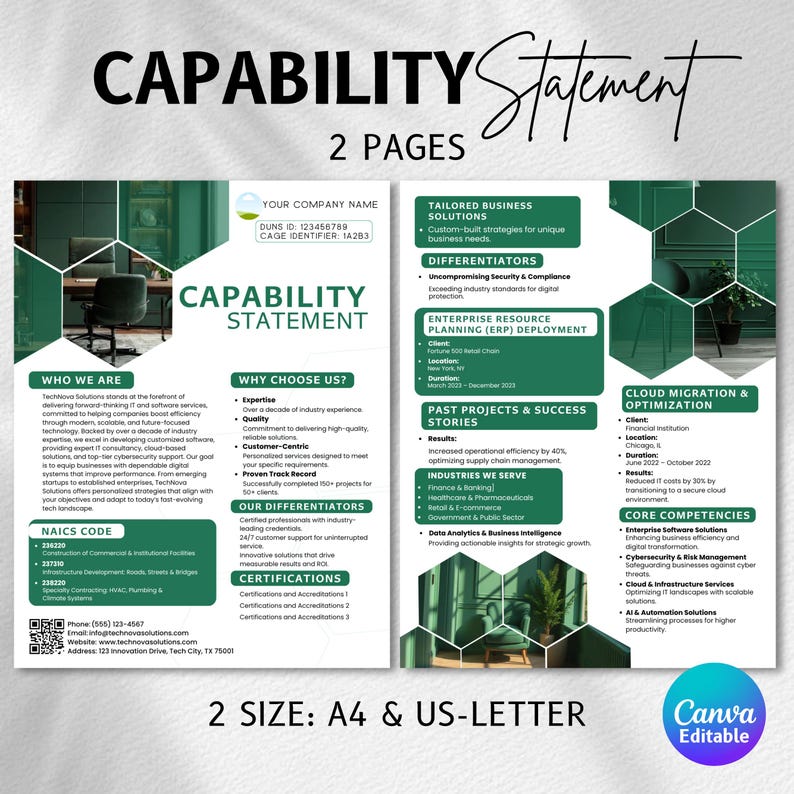 Business Capability Statement, Corporate Flyer, Editable Capability Statement Template, Company ...