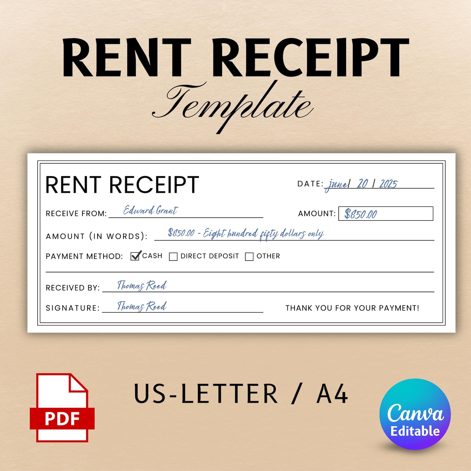Rent Receipt, Editable Receipt of Rent Payment, Simple Rental Receipt ...