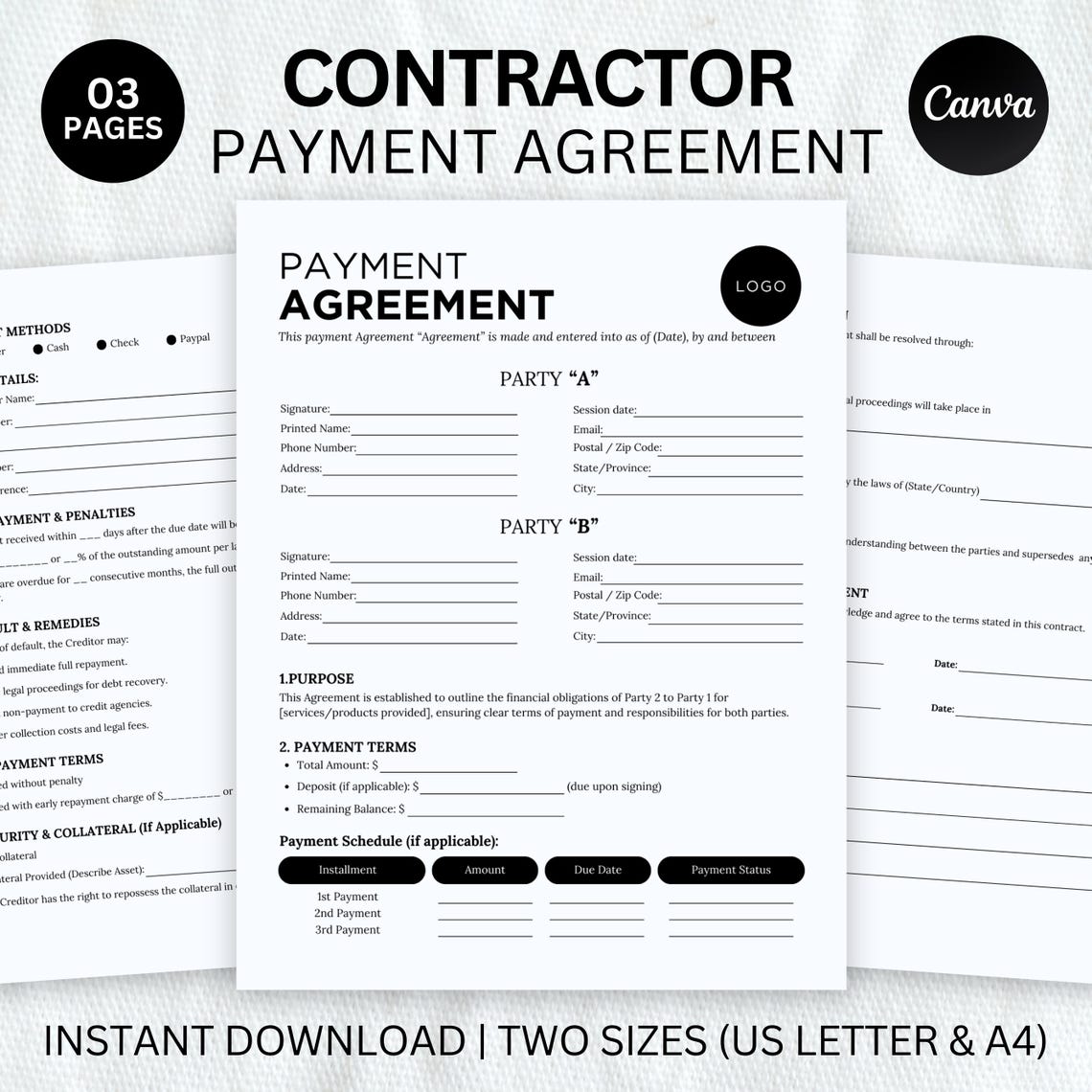 Payment Agreement Contract Template, Agreement Template, Payment ...